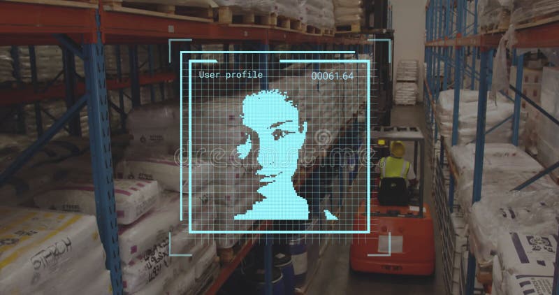 Animation of Data Processing with Portraits Over Worker Using Lift Truck in Warehouse Stock ...