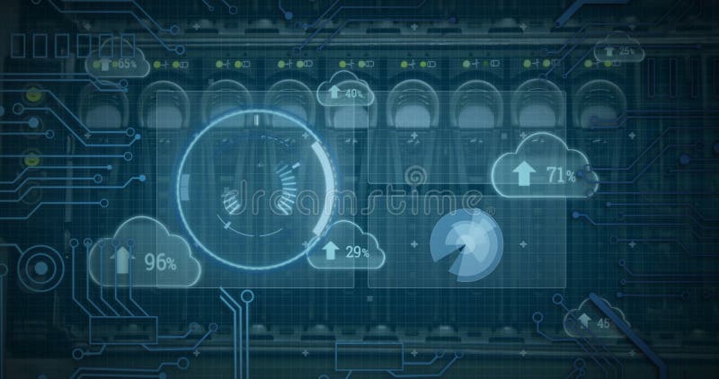 Animation Of Data Processing And Scope Scanning With Clouds Over Server