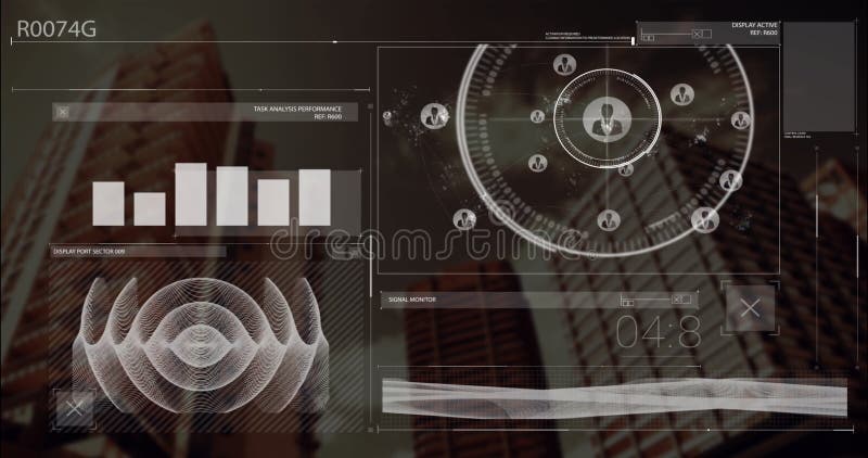 Animation of Data Processing and Scope Scanning Over Cityscape ...