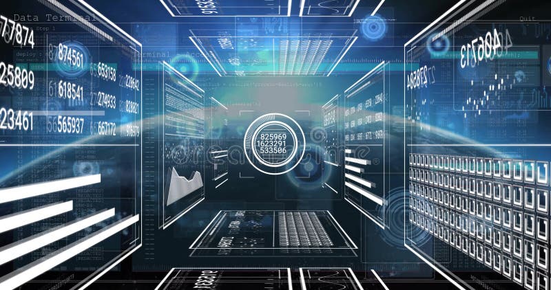 Animation of Data Processing with Scope Scanning Over Globe on Black Background Stock Footage ...