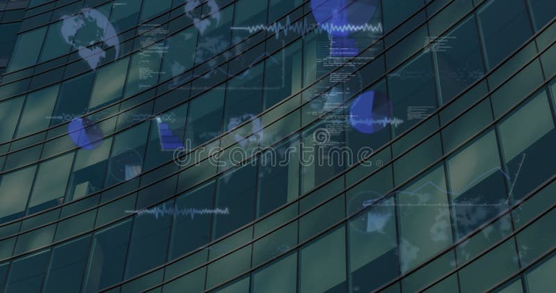 Animation of Data Processing and Spinning Globes Against Tall Building ...