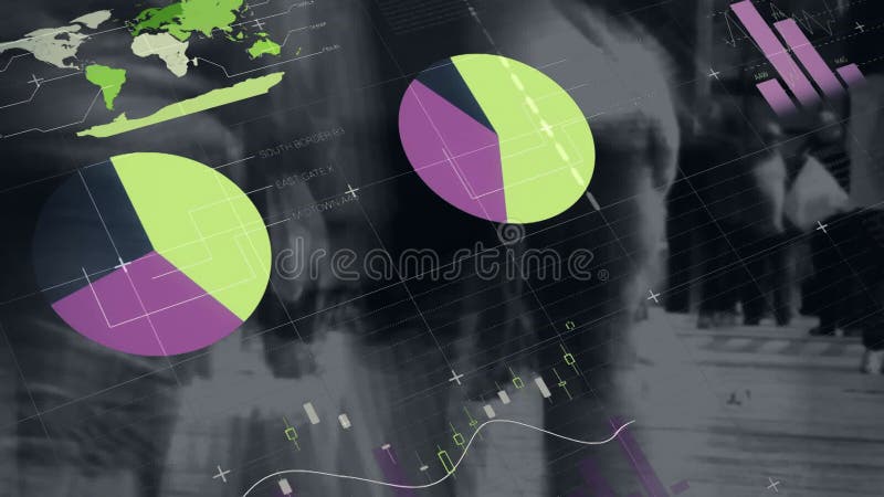 Animation of Data Processing, Stock Market and World Map Over People ...