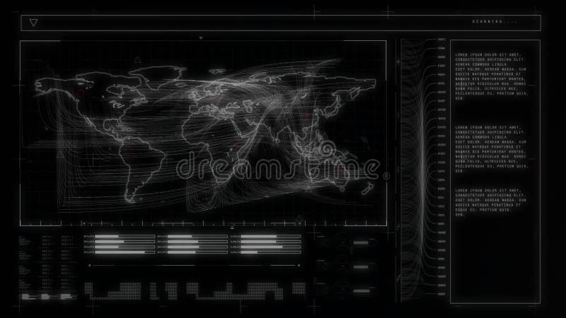 Animation of Data Processing with World Map on Black Background Stock ...