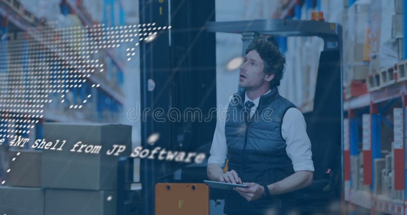 Animation of Data Processing and World Map Over Caucasian Male Worker ...