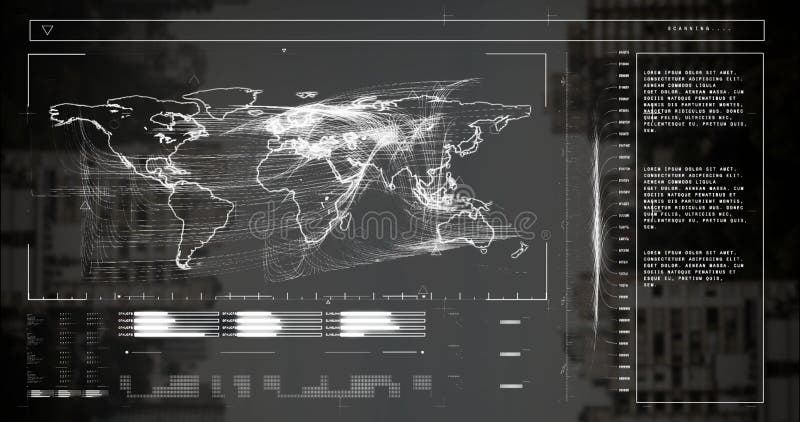 Animation of Data Processing and World Map Over Cityscape Background ...