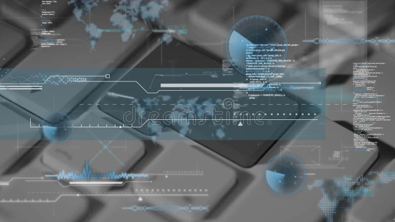Animation of Data Processing with World Map Over Computer Keyboard on Grey Background Stock ...