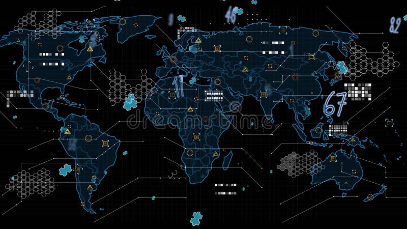 Animation of Data Processing and World Map Over Dark Background Stock ...