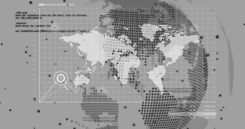 Animation of Data Processing and World Map Over Globe on Grey ...