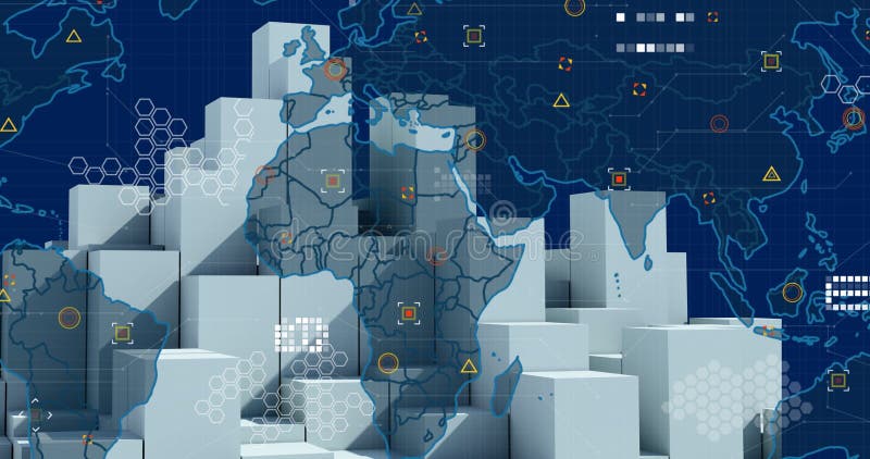 Animation of Data Processing and World Map Over Grey Blocks Stock Video ...