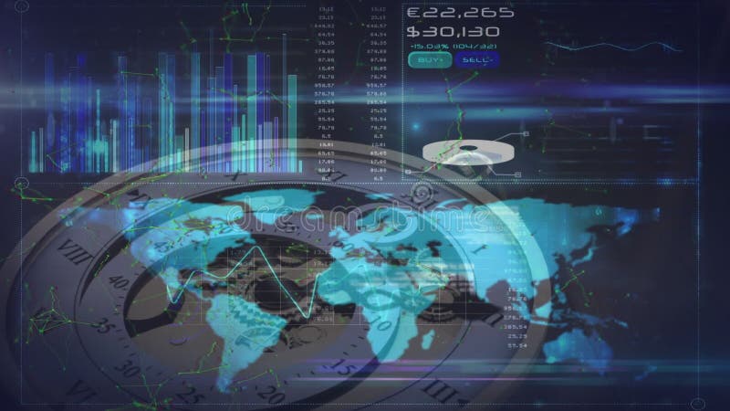 Animation of Data Processing and World Map Over Moving Clock Stock Video - Video of ...