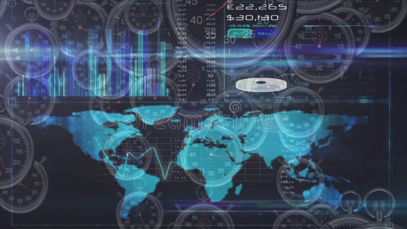 Animation of Data Processing and World Map Over Multiple Clocks Moving ...