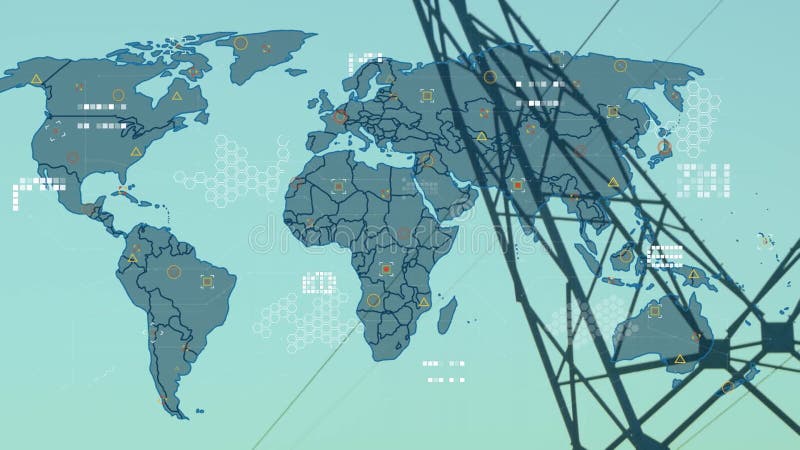 Animation of Data Processing with World Map Over Overhead Power Lines ...