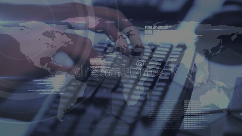 Animation of Data Processing and World Map Over Person Typing on ...