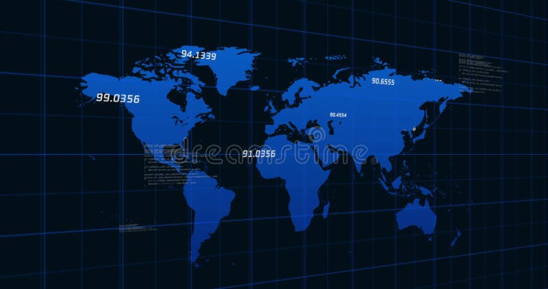 Animation of Database, Numbers Floating Over Map with Grid Pattern ...