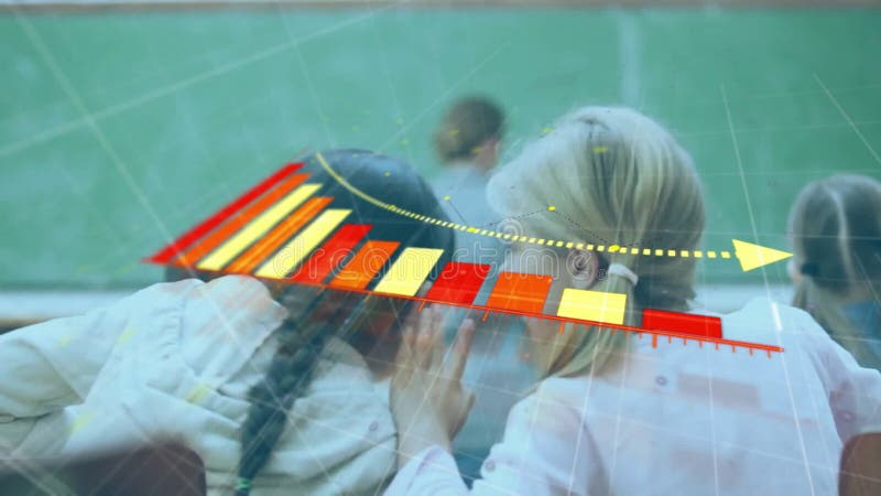 Animation of Diagram Over Diverse Schoolgirls Whispering in Classroom ... Animation of Diagram Over Diverse Schoolgirls Whispering in Classroom ...