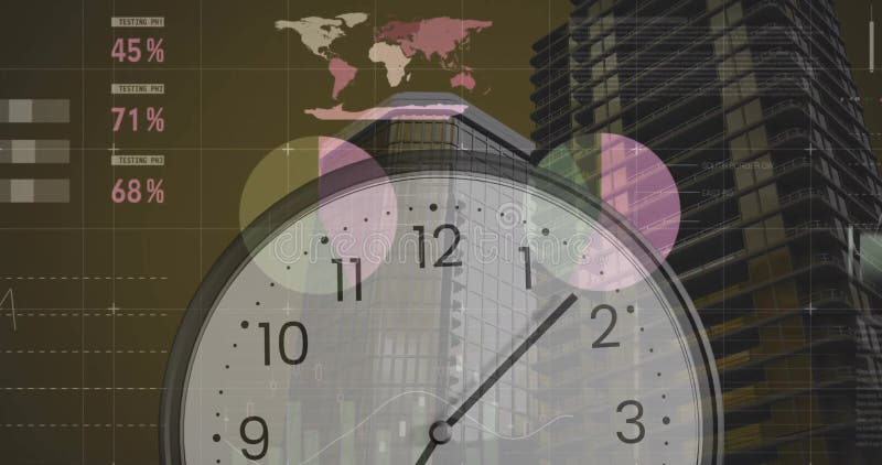 Animation of Diagrams and Data Processing with Clock Over Cityscape ...