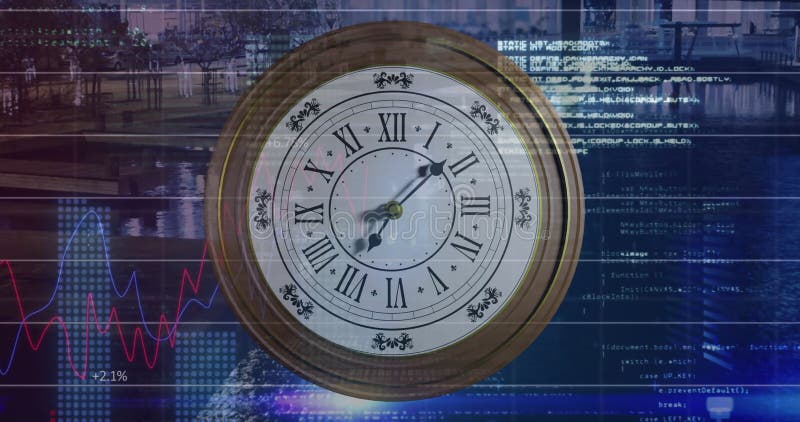 Animation of Diagrams and Data Processing with Clock Over Cityscape ...