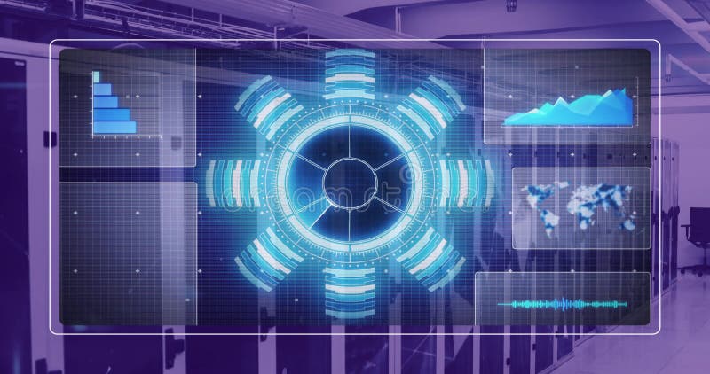 Animation Of Diagrams Scope Scanning And Data Processing Over Server Room Stock Video Video