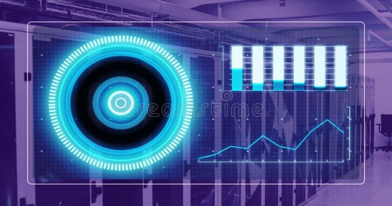 Animation Of Diagrams Scope Scanning And Data Processing Over Server Room Stock Footage Video
