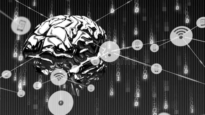 Animation Of Digital Brain With Binary Code And Network Connections In
