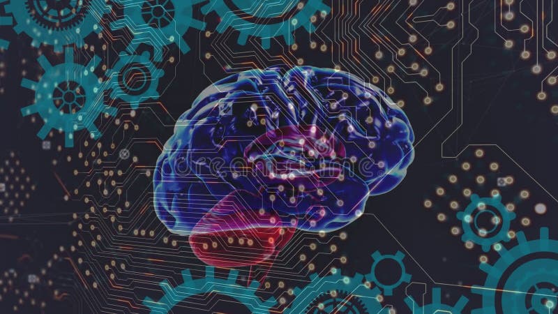 Animation of Digital Brain and Cogs Over Computer Circuit Board on ...