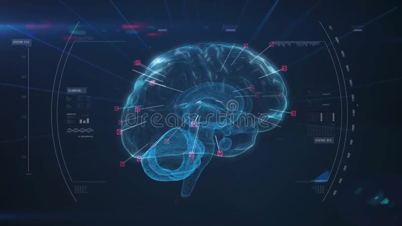 Animation of Digital Brain with Data Points in Futuristic Interface ...