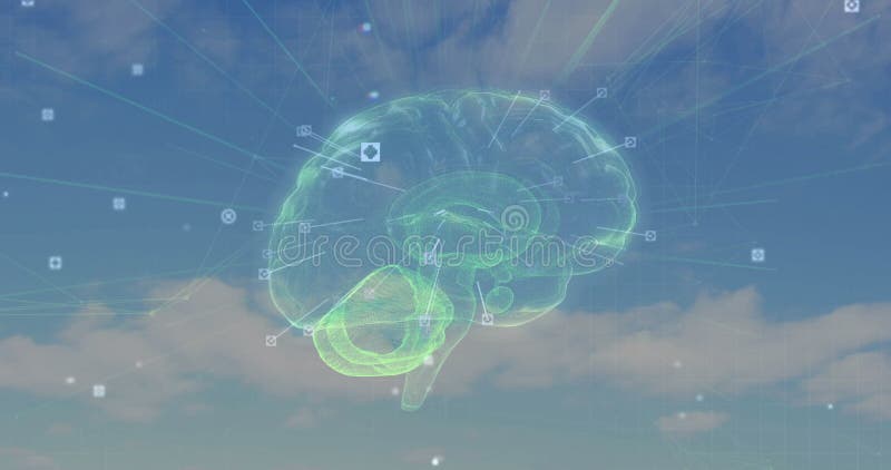 Animation of Digital Brain Hologram with Data Points in Cloudy Sky ...