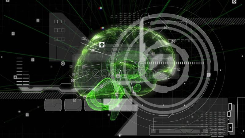 Animation of Digital Brain Interface with Green Holographic Elements in ...
