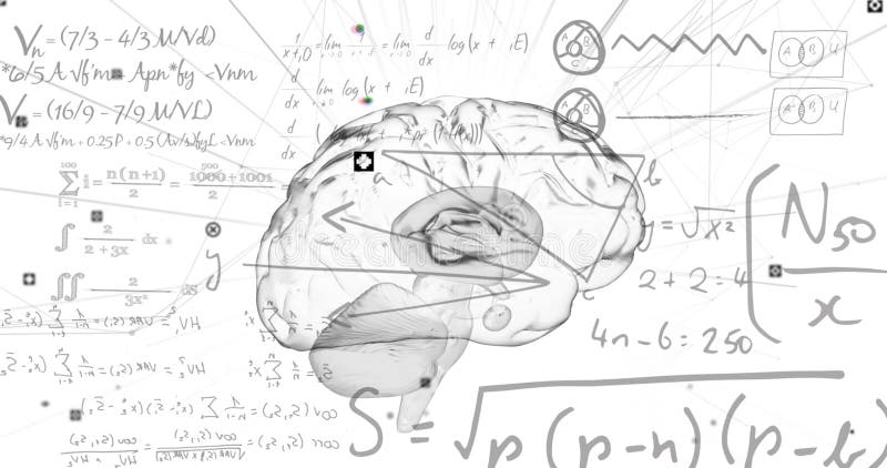 Animation of Digital Brain and Mathematical Equations on White ...