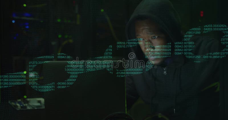 Animation of Digital Chain Over African American Man Using Laptop in ...