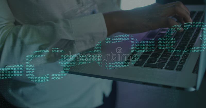 Animation of Digital Chain Over African American Man Using Laptop in ...