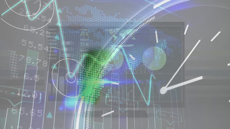 Animation of Digital Clock, Map with Graphs and Speech Bubble Over ...