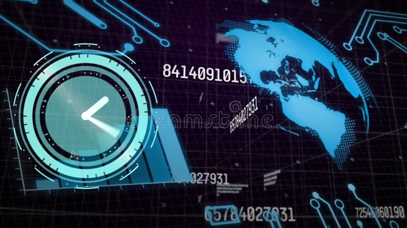Animation of Digital Clock, Number, Graph, Globe and Circuit Pattern ...
