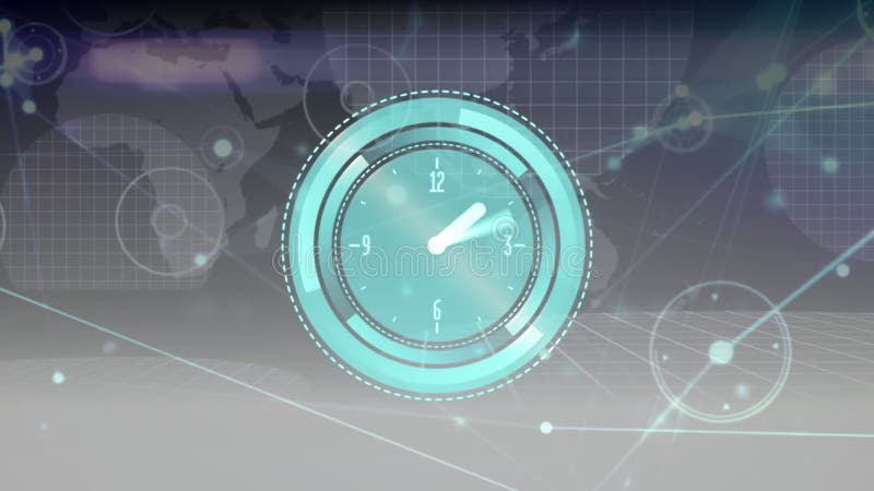 Animation of Digital Clock Over Connected Dots and Map Against Gray ...