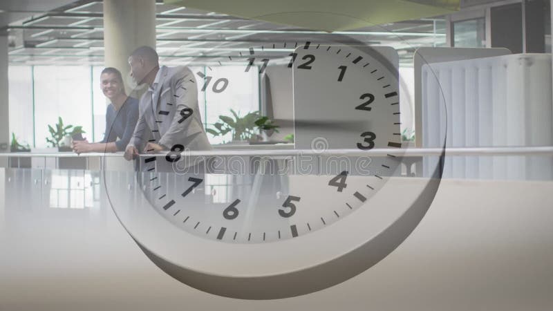 Animation of Digital Clock Over Diverse Coworkers Sharing Ideas in ...