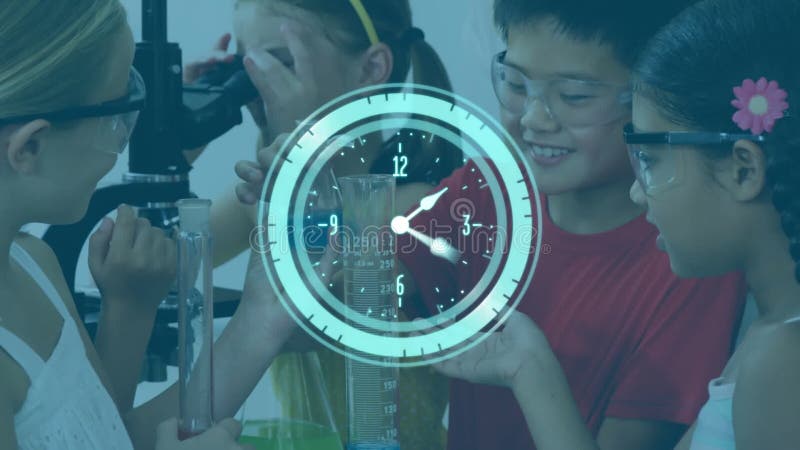 Animation of Digital Clock Over Diverse Students Pouring Liquid in Test ...