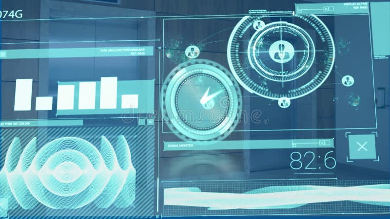 Animation of Digital Clock Over Graph, Soundwave, Profile Icons ...