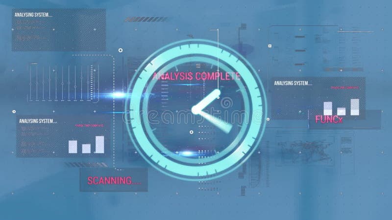Animation of Digital Clock Over Graphs, Texts, Map, Computer Language Over Abstract Background ...