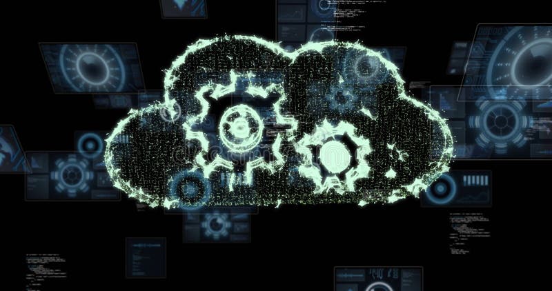 Animation of Digital Cloud with Cogs and Data Processing on Black ...