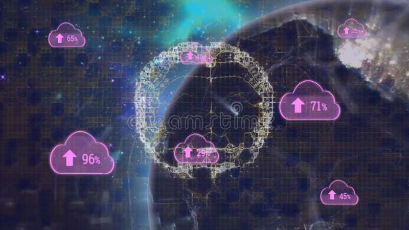 Animation of Digital Cloud Icons with Percentage Data on Futuristic ...