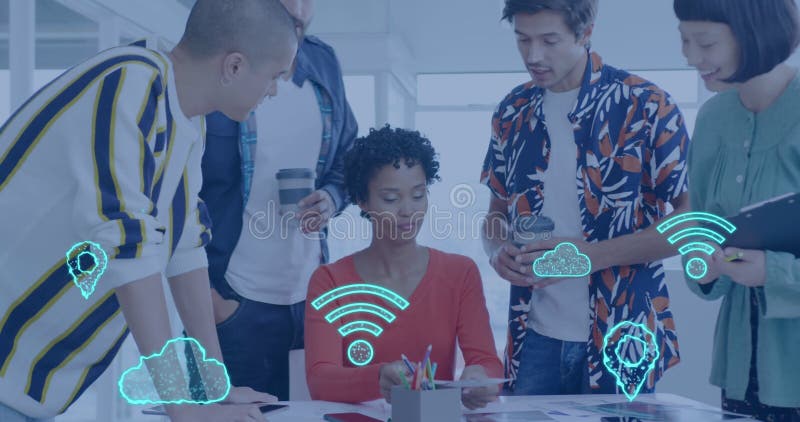 Animation of Digital Cloud and Wifi Icons Over Diverse Business People ...