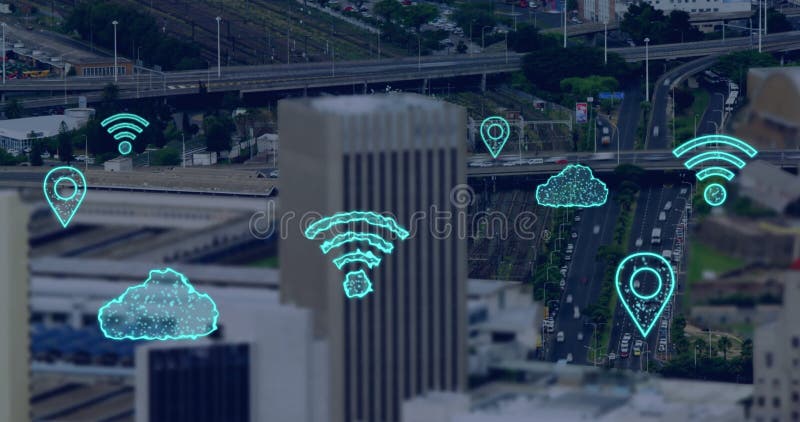 Animation of Digital Clouds and Icons Flying Over Cityscape Stock ...