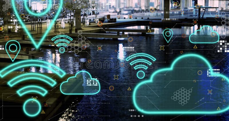 Animation of Digital Clouds and Icons Flying Over Cityscape Stock Video - Video of people, sign ...