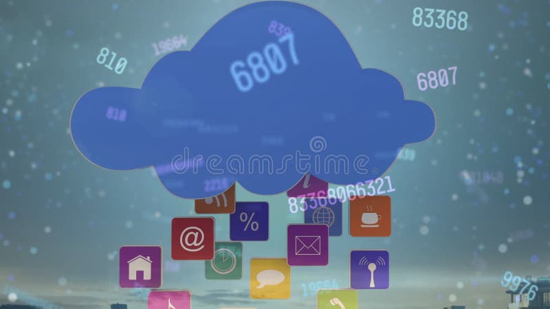 Animation of Digital Clouds, Numbers and Tech Icons Stock Video - Video ...