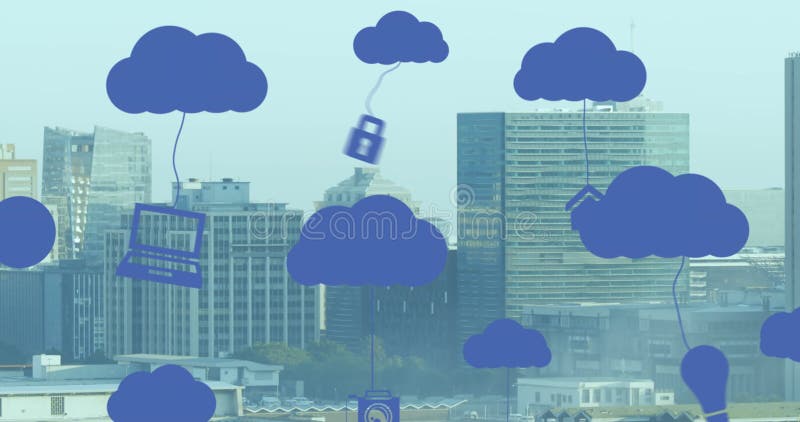 Animation of Digital Clouds with Tech Icons Floating Over Cityscape ...