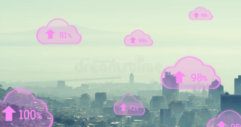 Animation of Digital Clouds with Uploading Floating Over Cityscape ...
