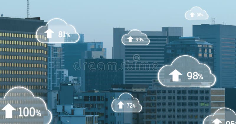 Animation of Digital Clouds with Uploading Floating Over Cityscape ...
