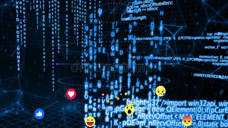 Animation of Digital Code and Emojis Floating in Virtual Reality Space ...