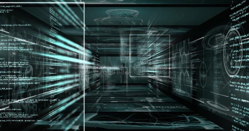 Animation Of Digital Computer Language In Infographic Interface Display Screens Moving In Loop
