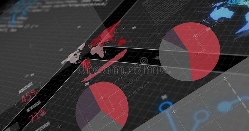 Animation of Digital Dashboard with Red Pie Charts and Map on Screen ...